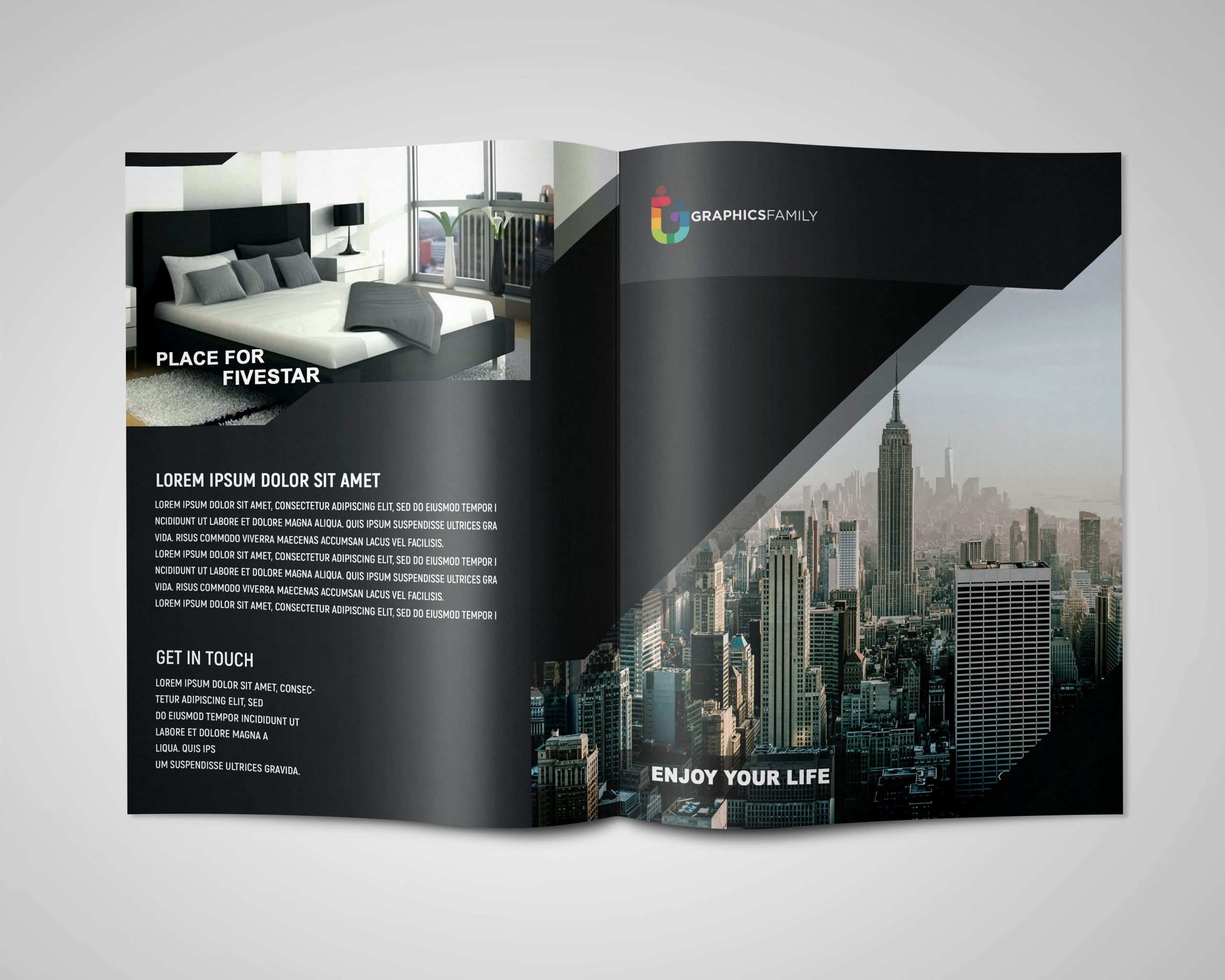 Modern Black Bi Fold Brochure Design Template Psd GraphicsFamily