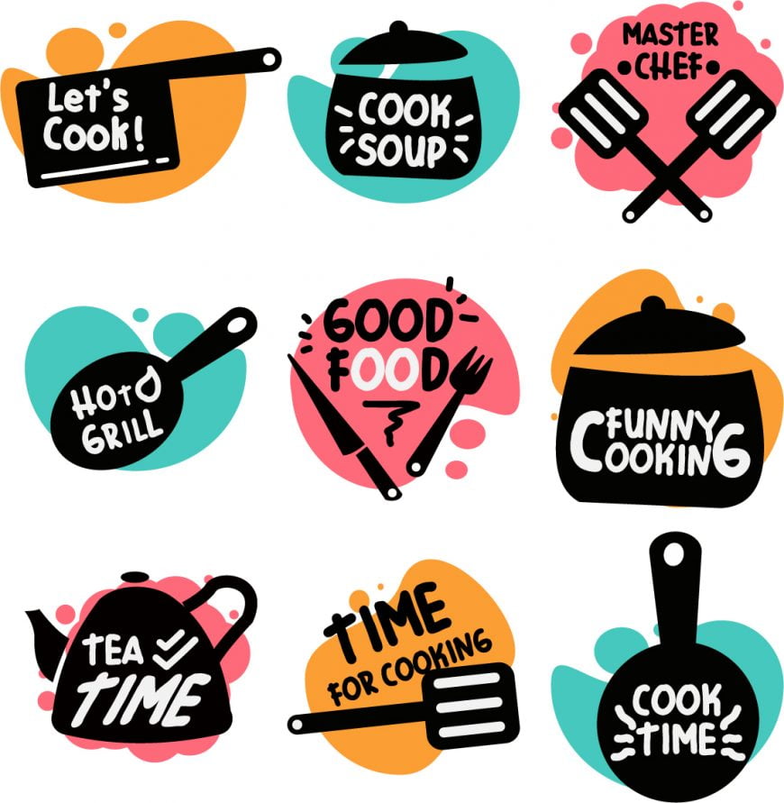 Cooking food lettering. kitchen badge logos, baking foods typography ...
