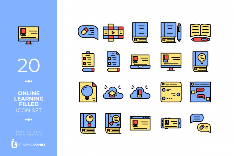 20 Online Learning Filled Icon Set (SVG) – GraphicsFamily