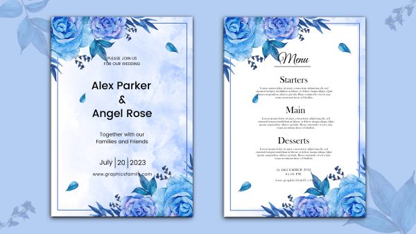 Floral wedding invitation and menu design – GraphicsFamily