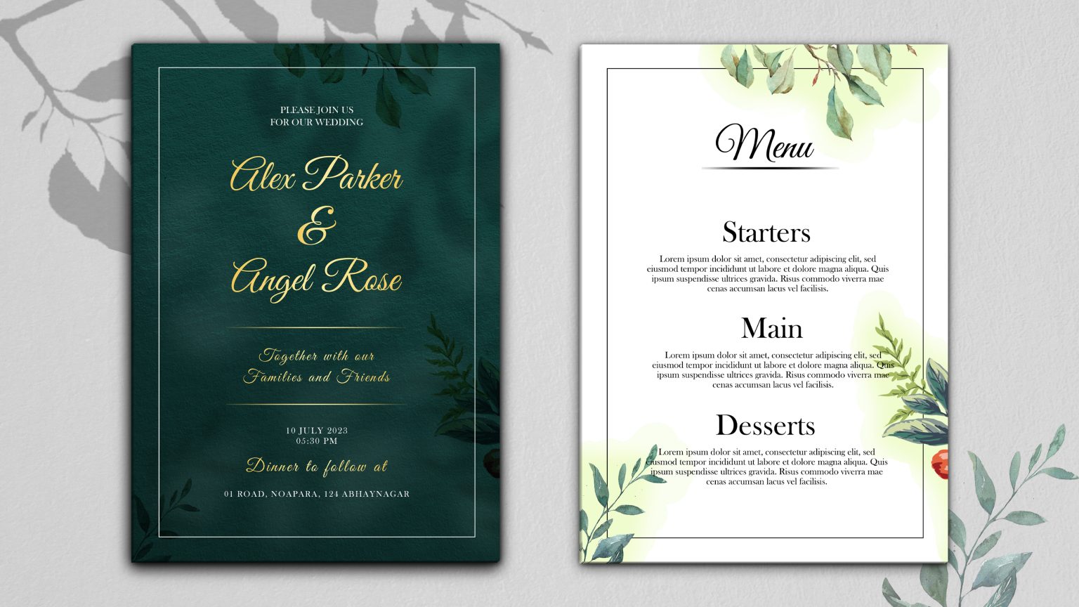 Wedding invitation and menu template with beautiful leaves – GraphicsFamily