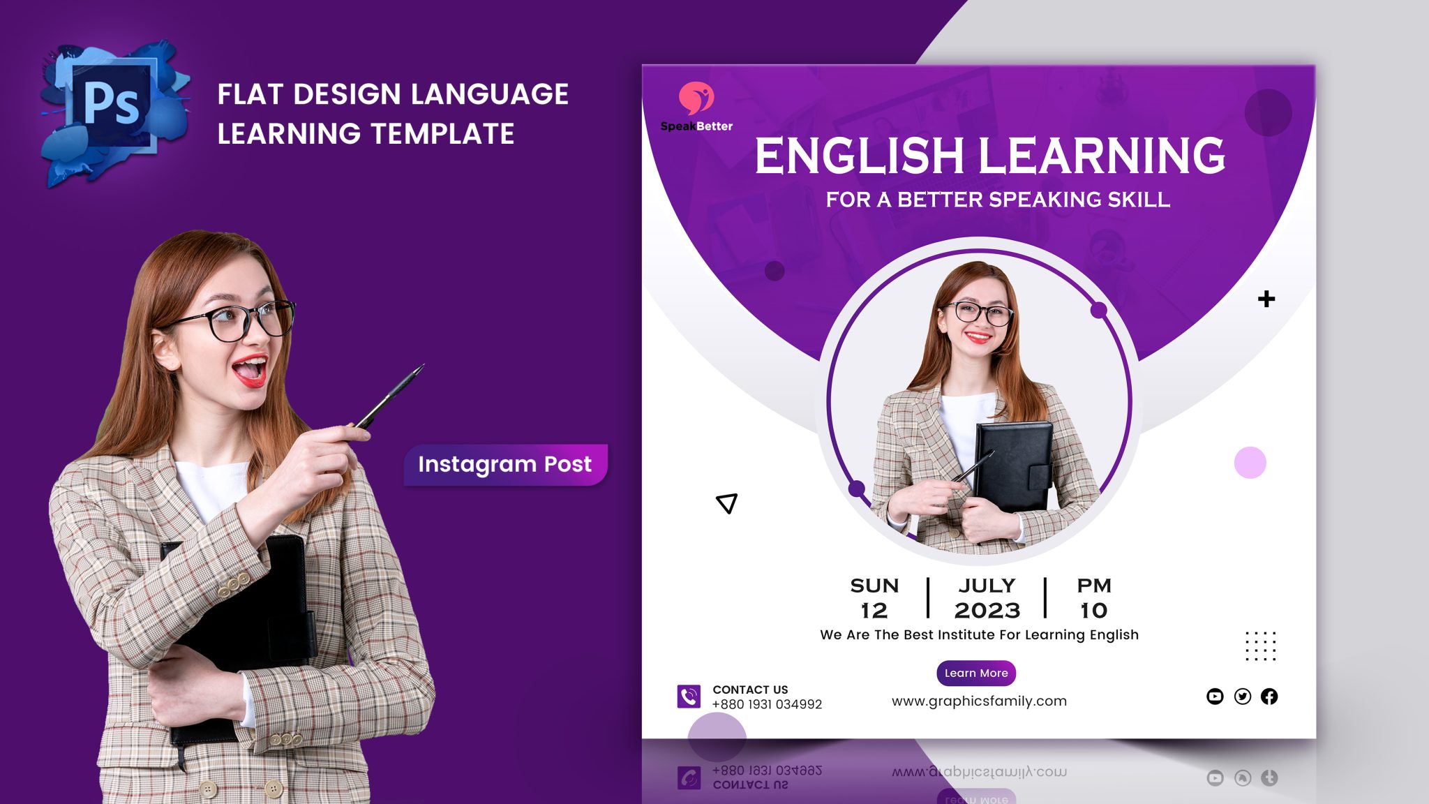 Flat design language learning template – GraphicsFamily