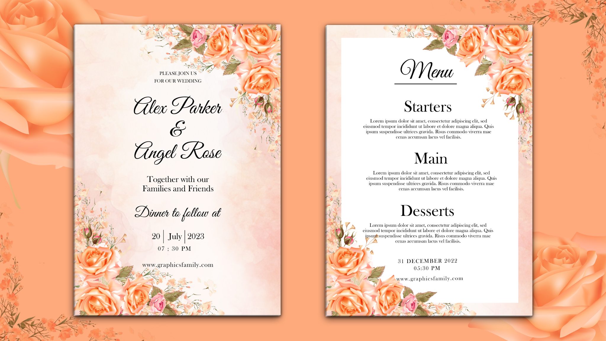 Watercolor Wedding Invitations With Menu Card Design – GraphicsFamily