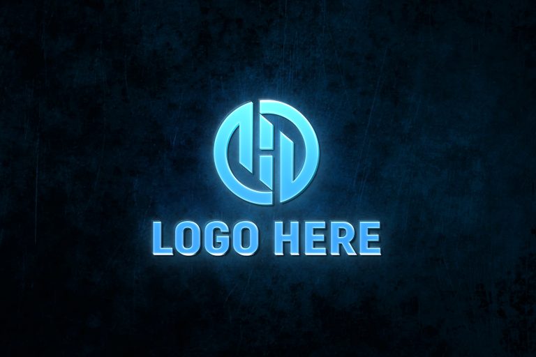 Blue light effects logo mockup on black wall – GraphicsFamily