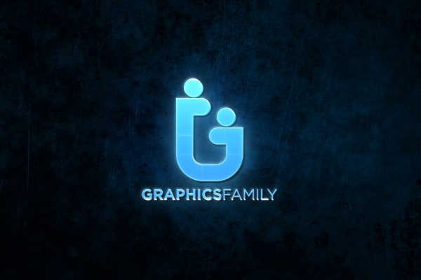 Blue light effects logo mockup on black wall – GraphicsFamily