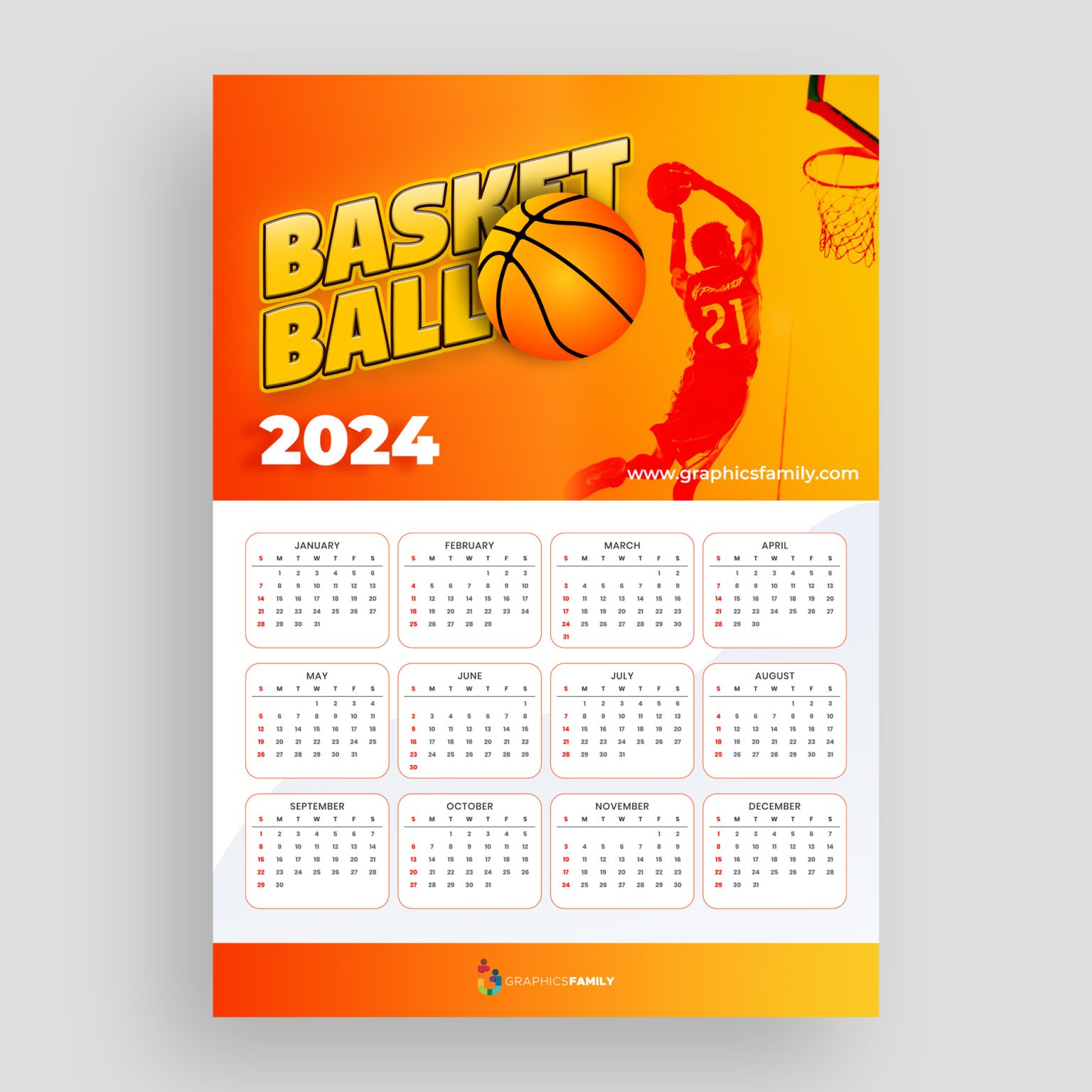 2024 Basketball sport wall vertical calendar PSD image – GraphicsFamily
