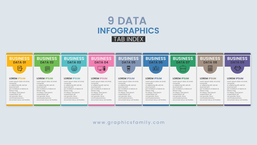 9 data infographics tab index template with thin vector image ...