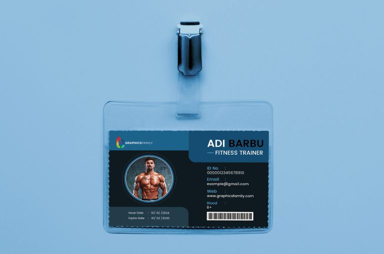 Flat gym and fitness employee horizontal identity card template ...
