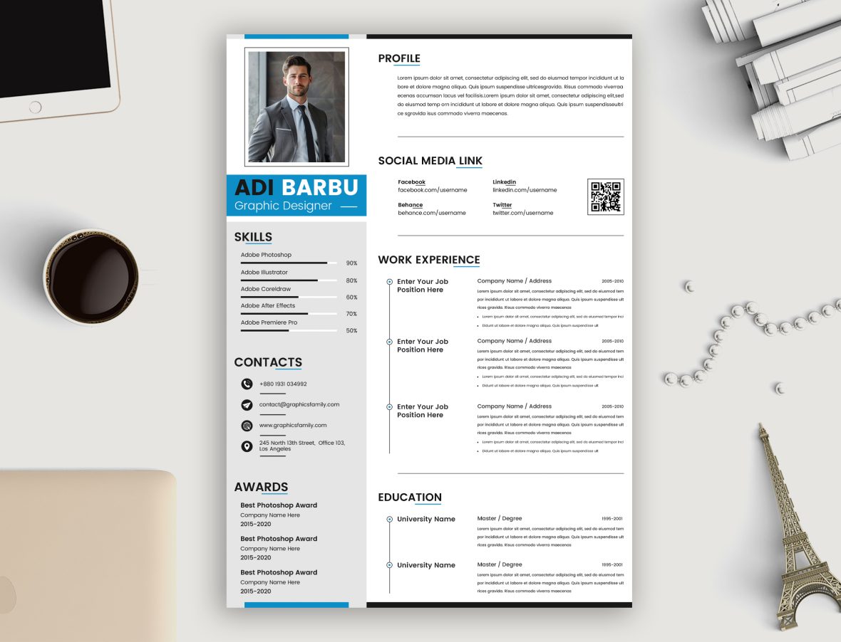 Elegant CV Resume Template – GraphicsFamily